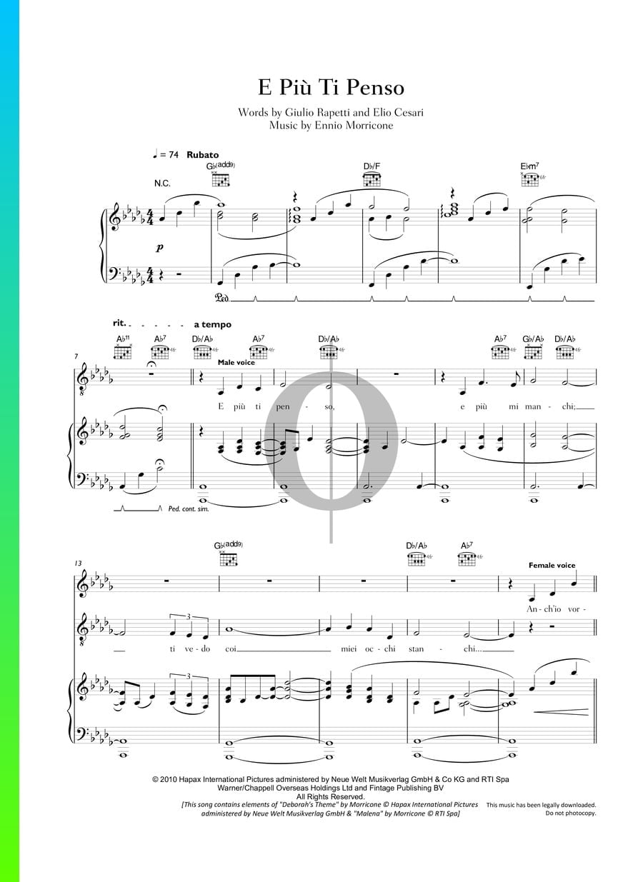 E Più Ti Penso bladmuziek uit Once Upon a Time in America (Piano, Stem ...