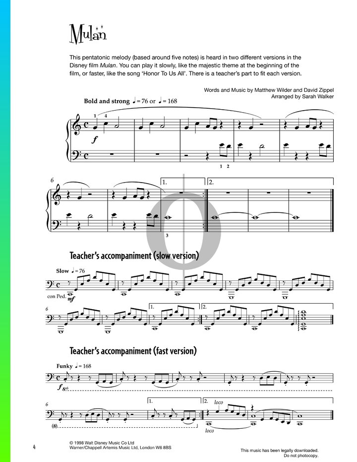 Mulan Piano Sheet Music from Mulan by David Zippel, Matthew Wilder - OKTAV