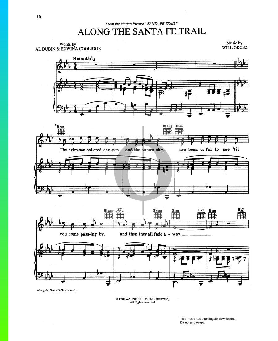 Along The Santa Fe Trail Piano Sheet Music from Santa Fe Trail by Bing ...