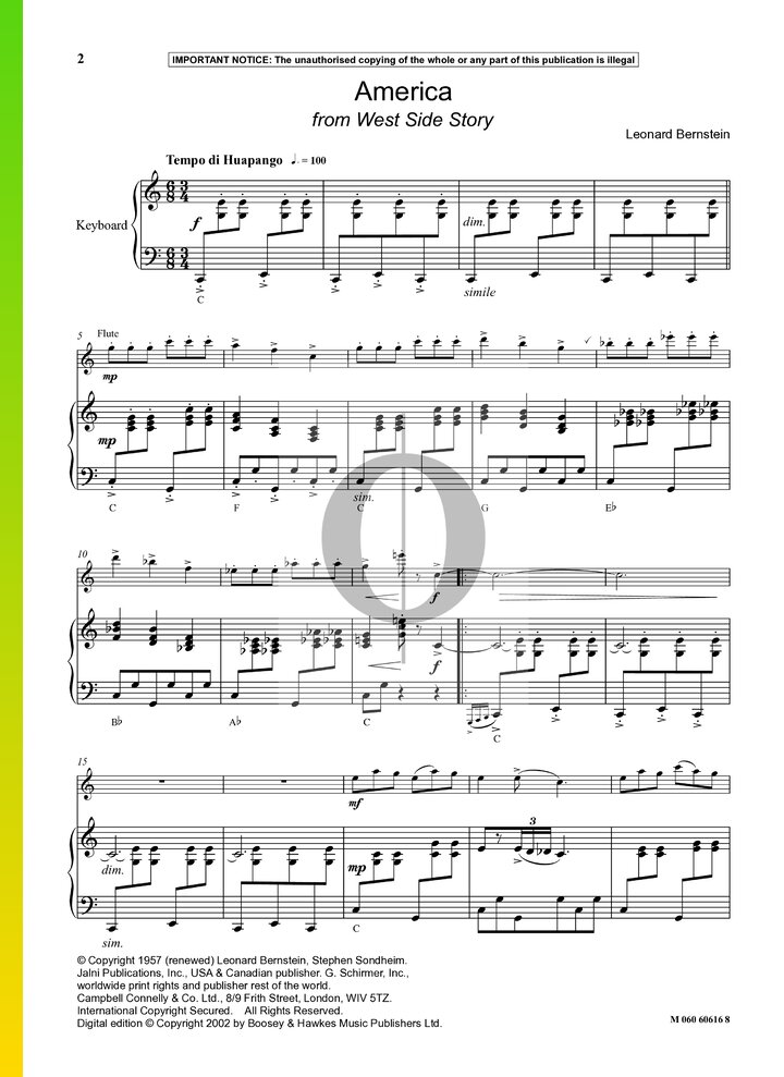 America (Leonard Bernstein) Piano Sheet Music - OKTAV