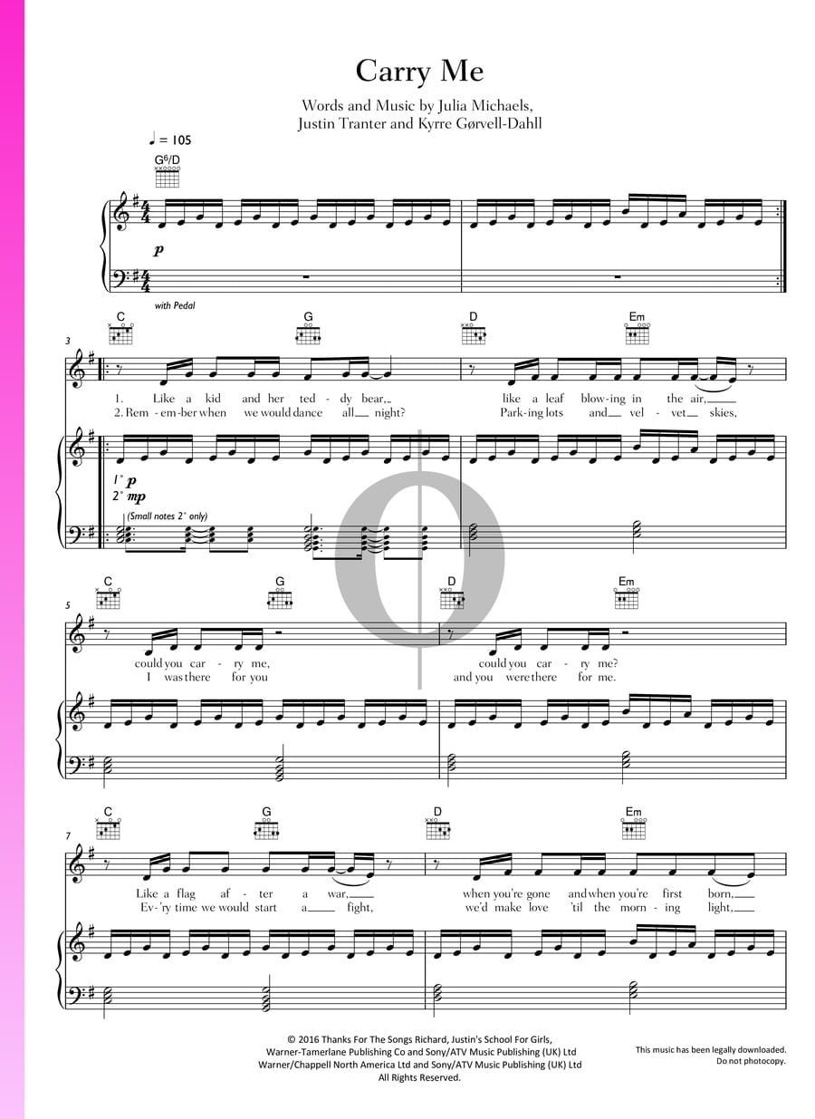Carry Me (Kygo, Julia Michaels) Piano Sheet Music - OKTAV
