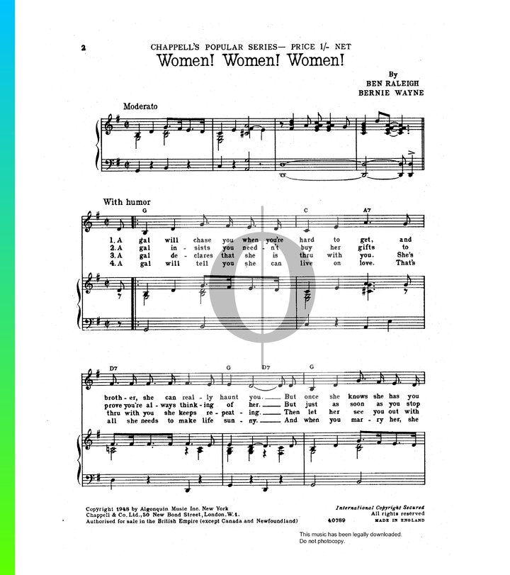 Women! Women! Women! Piano Sheet Music from by Bernie Wayne, Ben ...