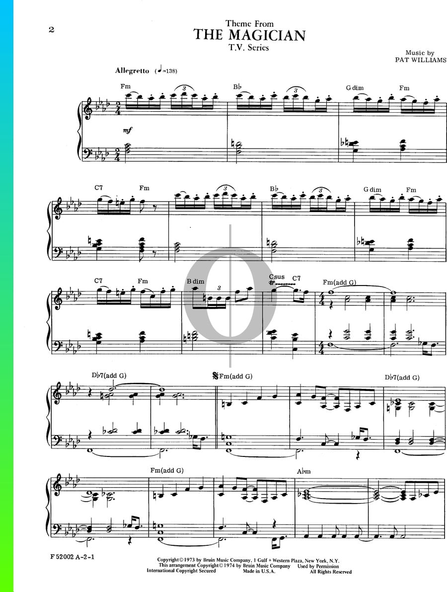 The Magician Theme Piano Sheet Music from The Magician by Pat Williams ...