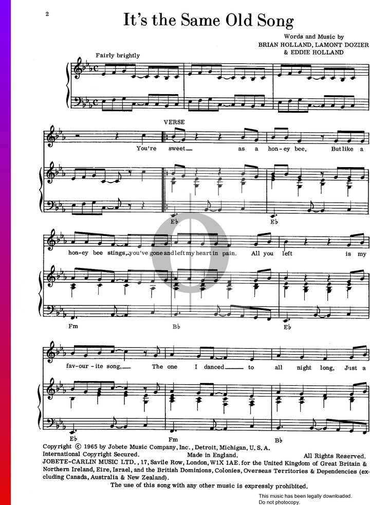 It's The Same Old Song (Four Tops) Piano Sheet Music - OKTAV