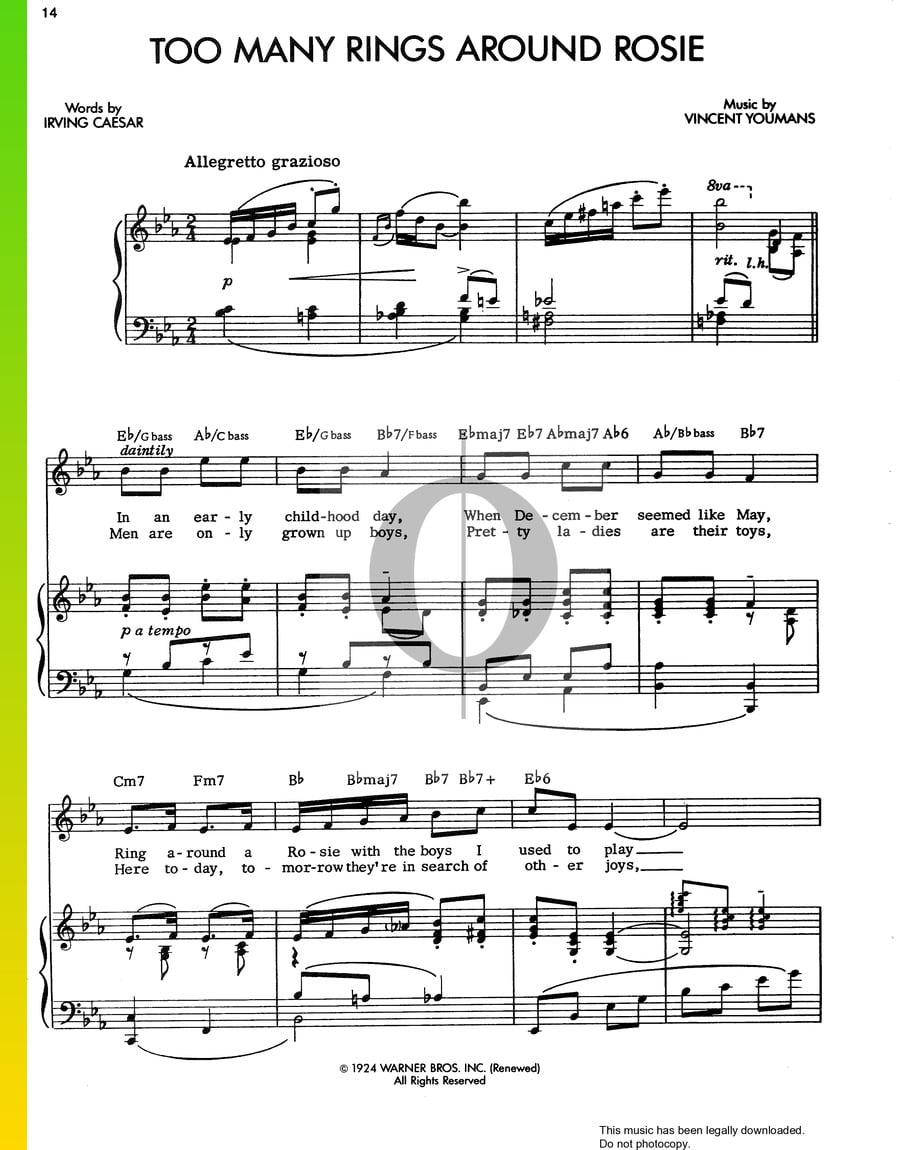 Too Many Rings Around Rosie (Vincent Youmans) Piano Sheet Music - OKTAV