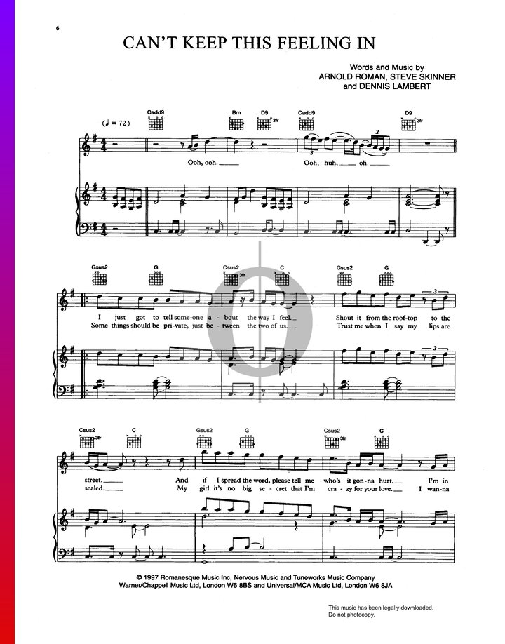 Can't Keep This Feeling In (Cliff Richard) Piano Sheet Music - OKTAV