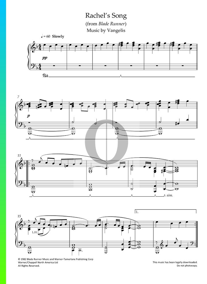 Rachel's Song Piano Sheet Music from Blade Runner by Vangelis - OKTAV