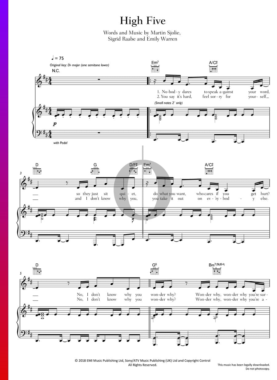 High Five (Sigrid) Piano Sheet Music - OKTAV
