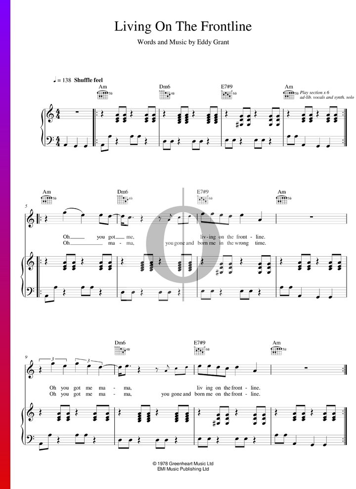 Living On The Frontline (Eddy Grant) Piano Sheet Music - OKTAV