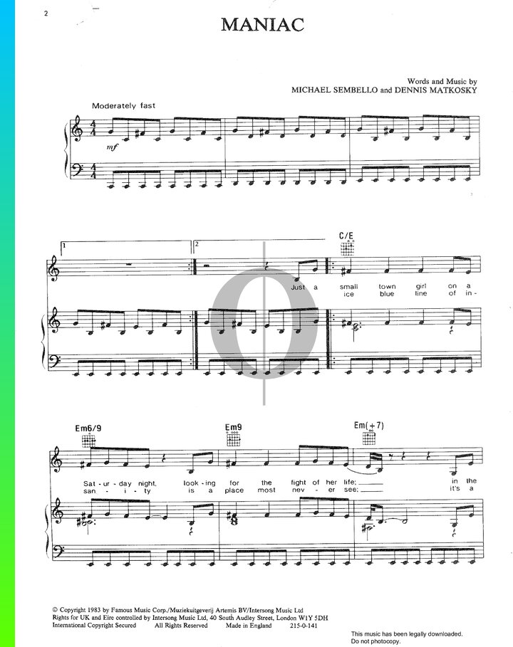 Maniac Piano Sheet Music from Flashdance by Michael Sembello - OKTAV
