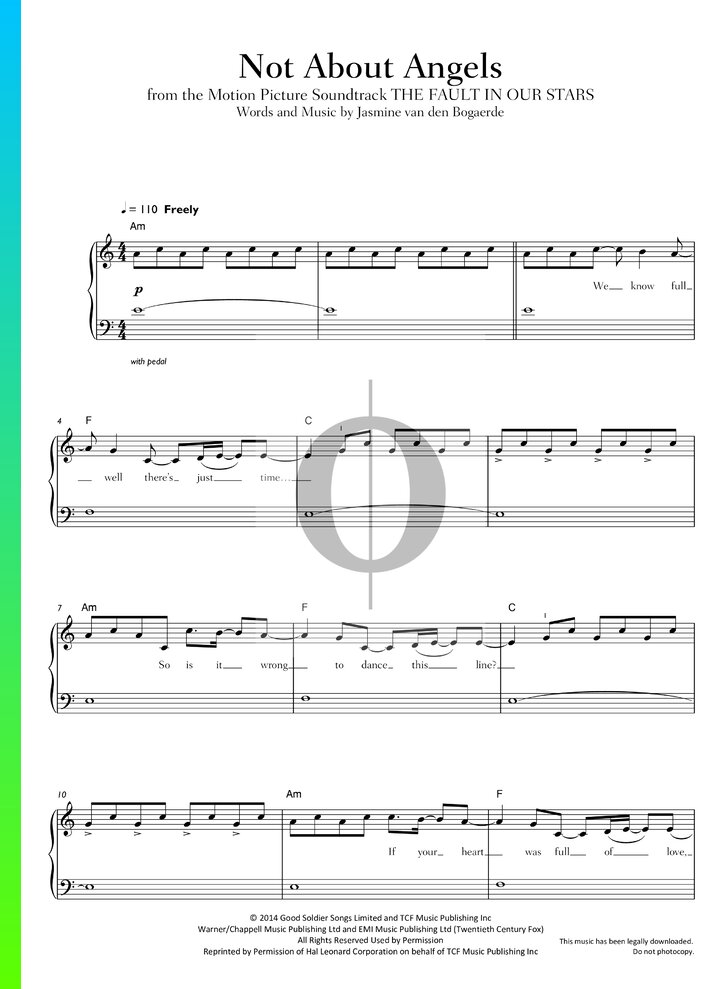 Not About Angels Piano Sheet Music from The Fault in Our Stars by Birdy ...