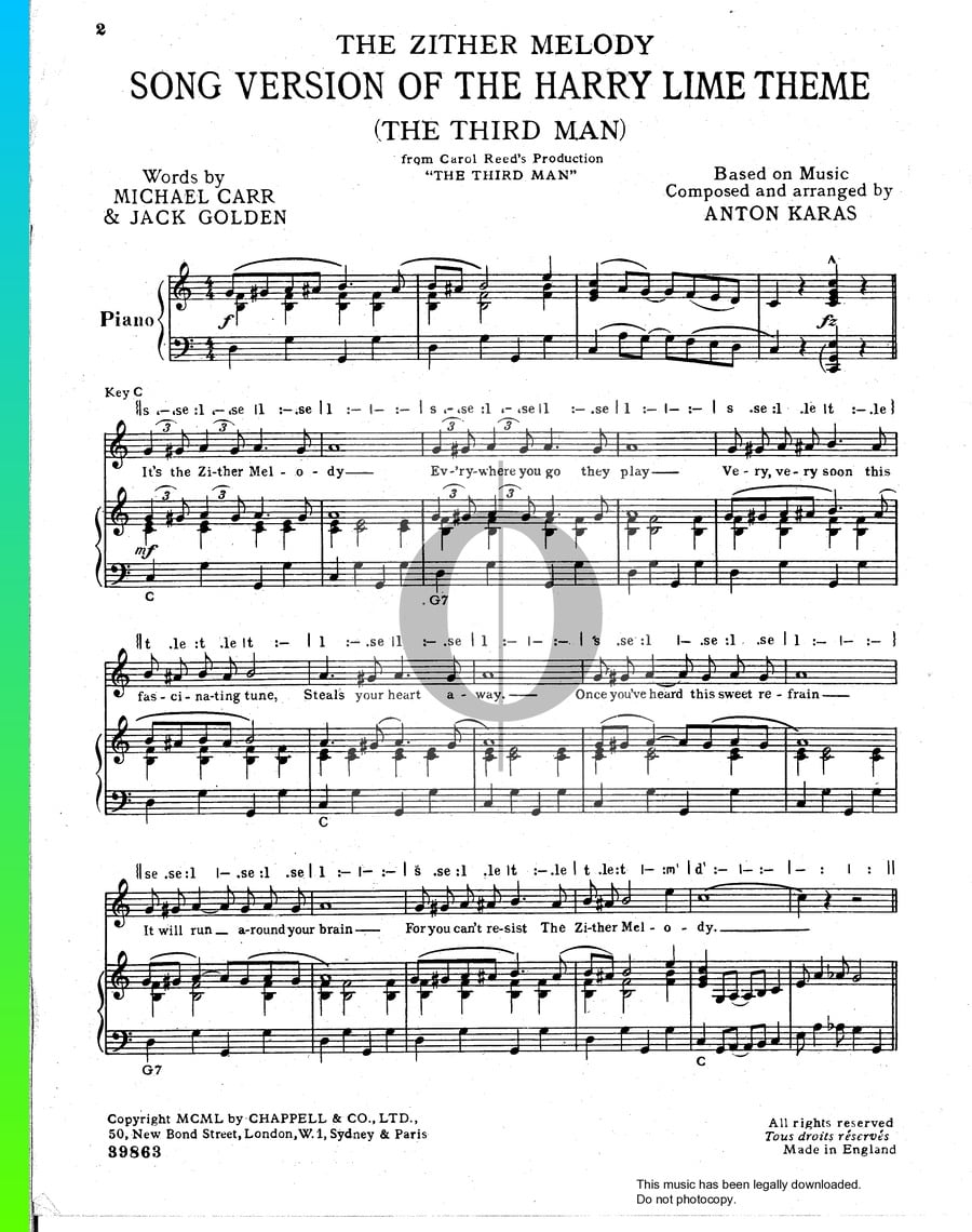 Harry Lime Theme Piano Sheet Music from The Third Man by Anton Karas ...