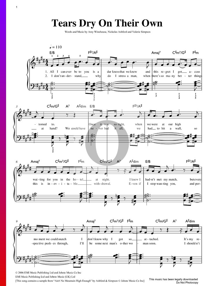 Tears Dry On Their Own (Amy Winehouse) Piano Sheet Music - OKTAV