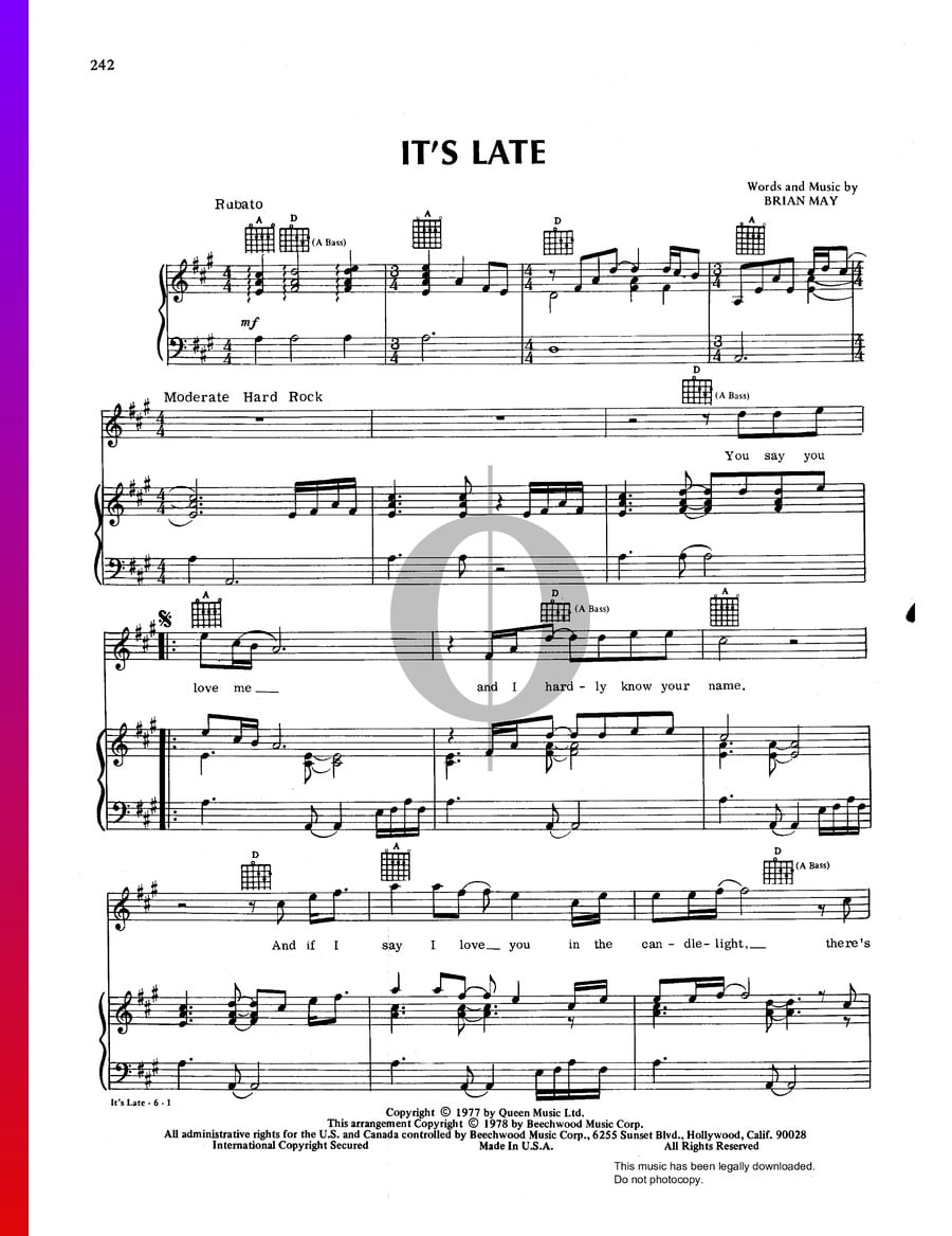 It's Late (Queen) Piano Sheet Music - OKTAV