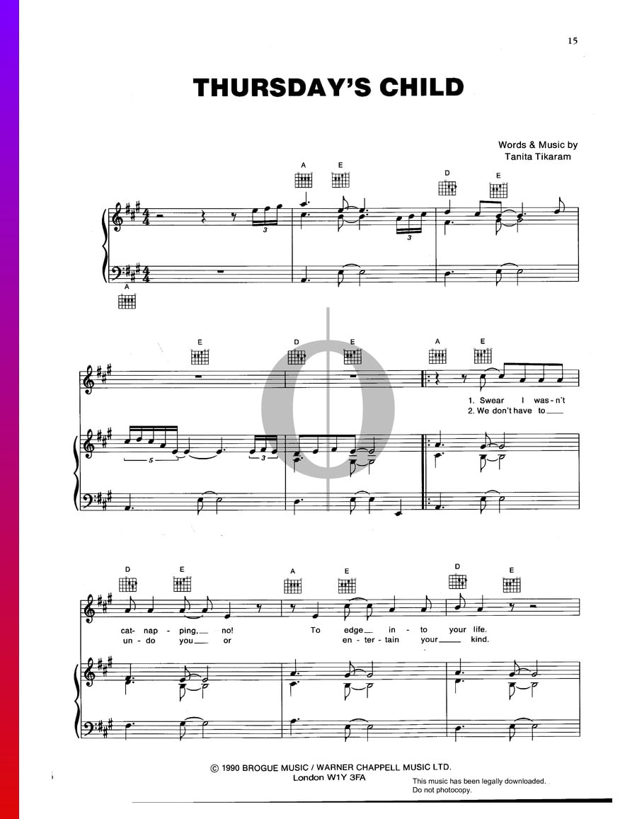 Thursday's Child (Tanita Tikaram) Piano Sheet Music - OKTAV