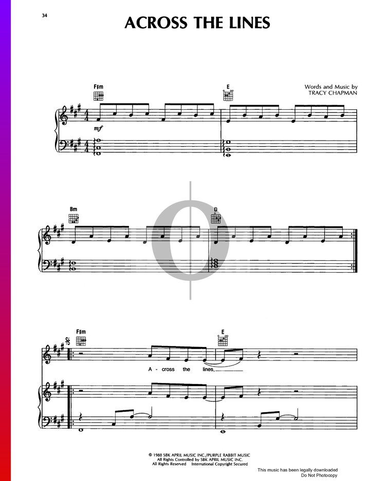 Across The Lines (Tracy Chapman) Piano Sheet Music - OKTAV