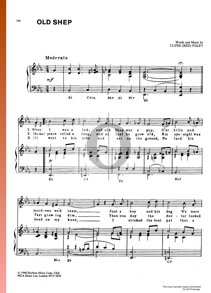 Old Shep (Red Foley) Piano Sheet Music - OKTAV