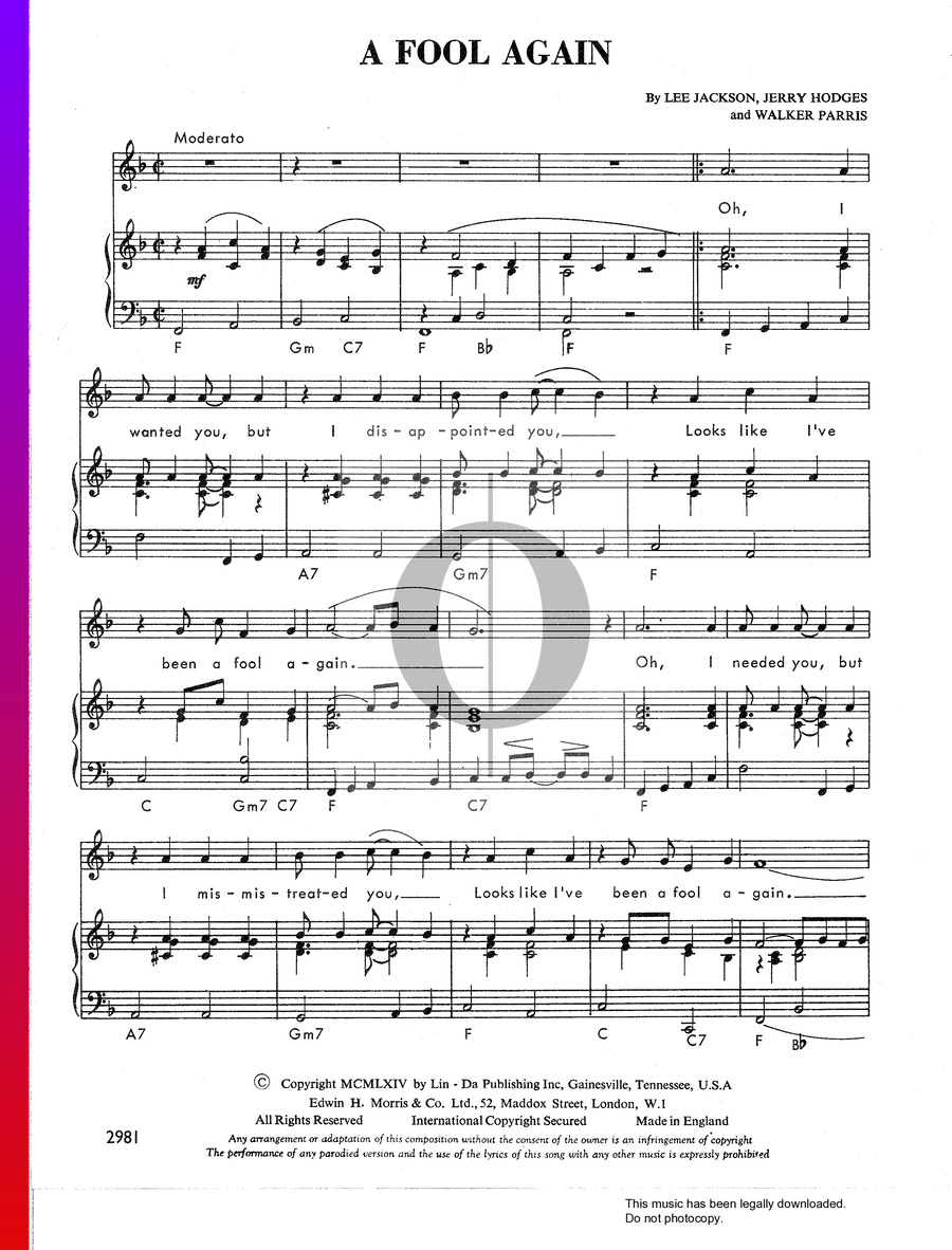 A Fool Again (Lee Jackson, Jerry Hodges) Piano Sheet Music - OKTAV