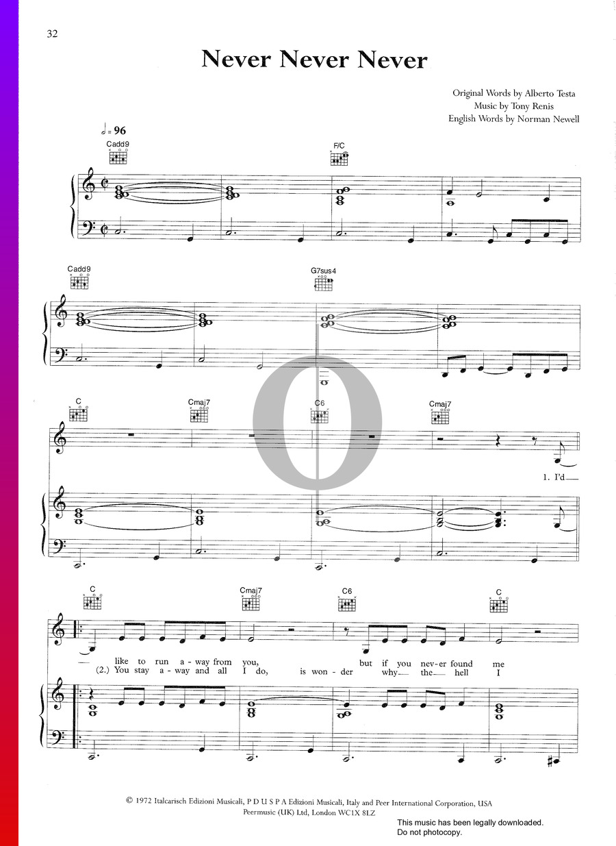 Never Never Never (Shirley Bassey) Piano Sheet Music - OKTAV
