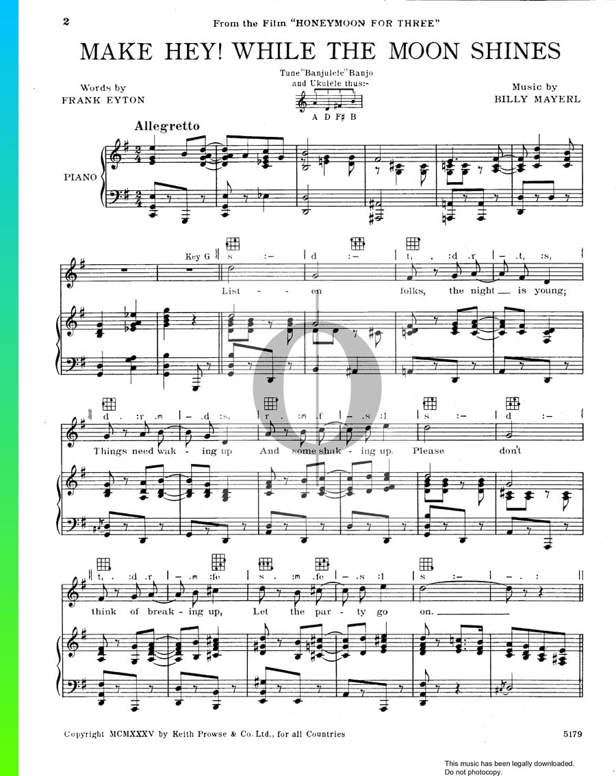 Make Hey While The Moon Shines Piano Sheet Music from Honeymoon for Three by Billy Mayerl - OKTAV