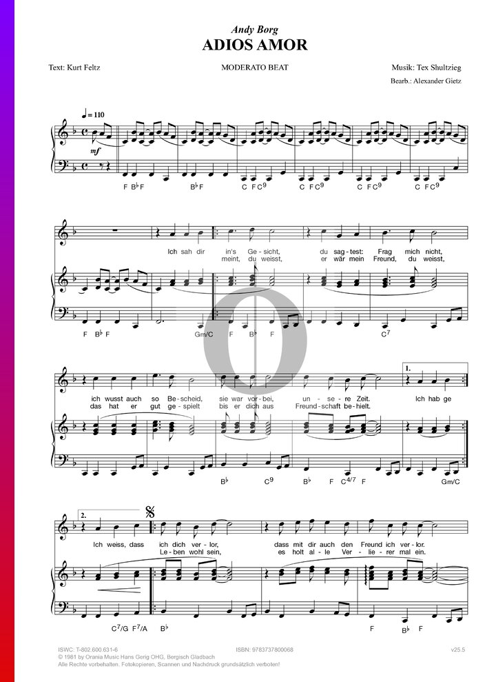 Adios Amor (Andy Borg) Piano Sheet Music - OKTAV