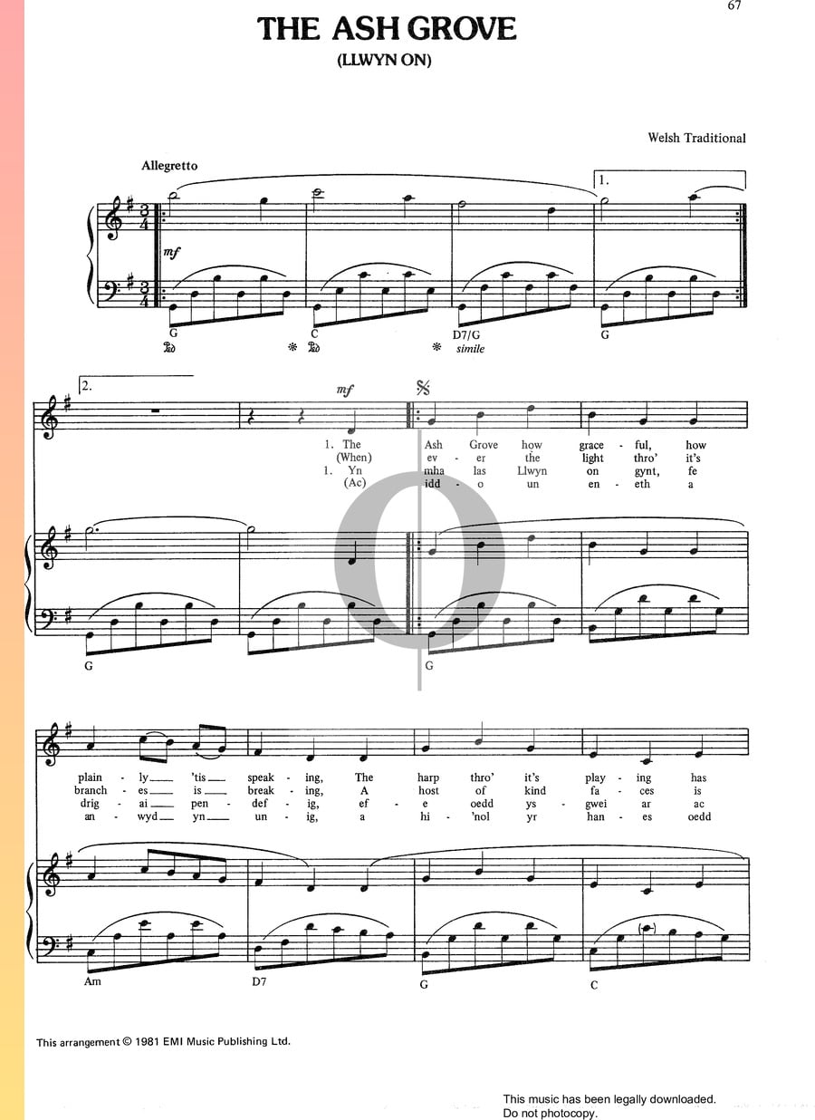 The Ash Grove (Llwyn On) (Anonymous) Piano Sheet Music - OKTAV