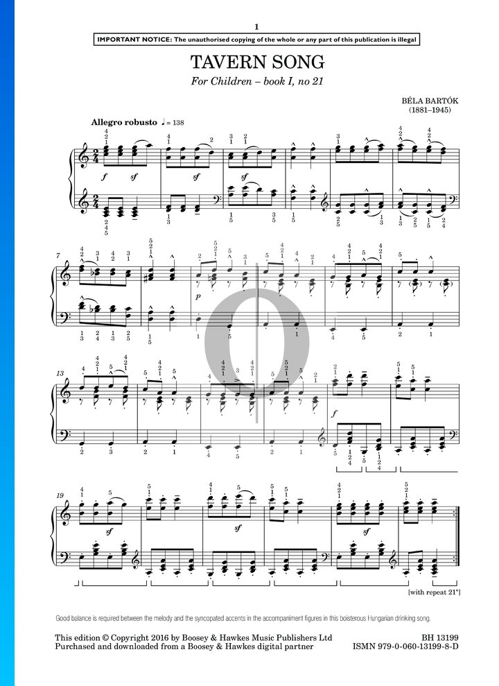 For Children, Sz. 42 Vol. 1: No. 21 Tavern Song (Béla Bartók) Piano ...