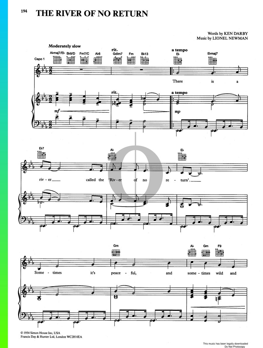 The River Of No Return Piano Sheet Music from River of No Return by ...