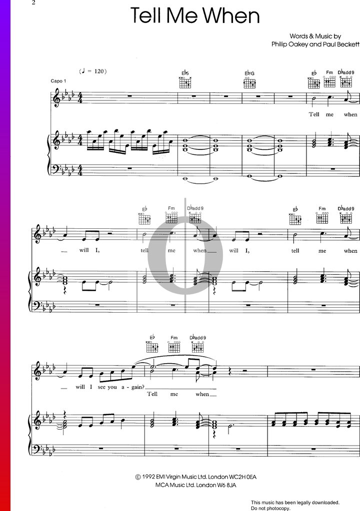 Tell Me When (The Human League) Piano Sheet Music - OKTAV