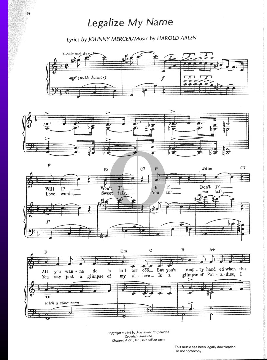 Legalize My Name (Harold Arlen) Piano Sheet Music - OKTAV