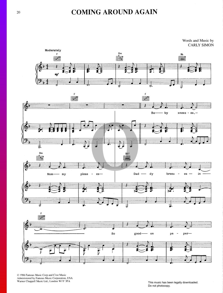 Coming Around Again (Carly Simon) Piano Sheet Music - OKTAV
