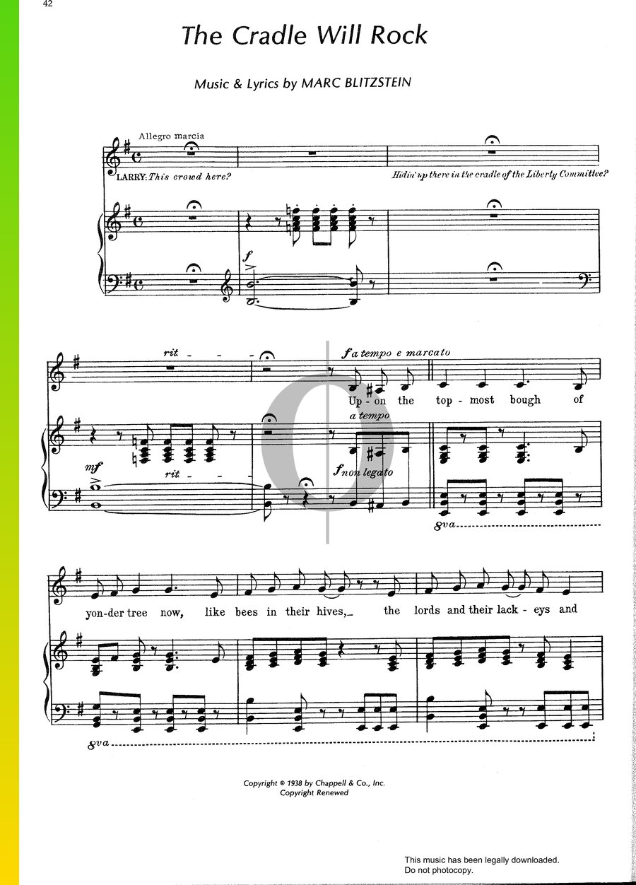 The Cradle Will Rock (Marc Blitzstein) Piano Sheet Music - OKTAV