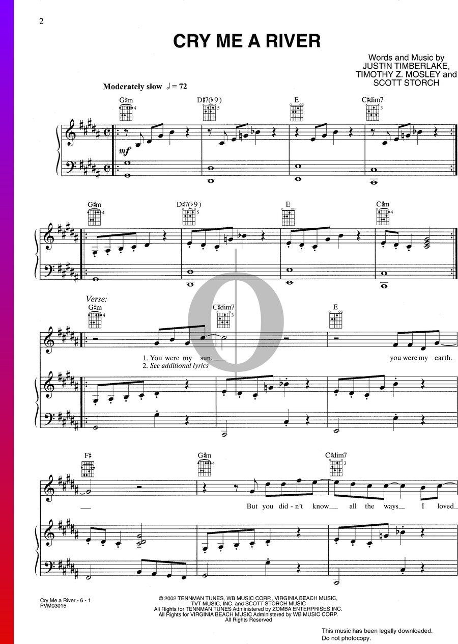 Cry Me A River (Justin Timberlake) Piano Sheet Music - OKTAV