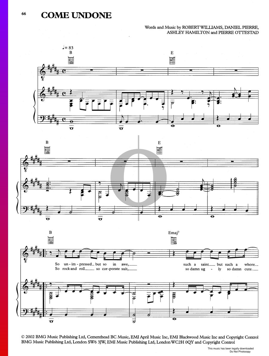 Come Undone (Robbie Williams) Piano Sheet Music - OKTAV