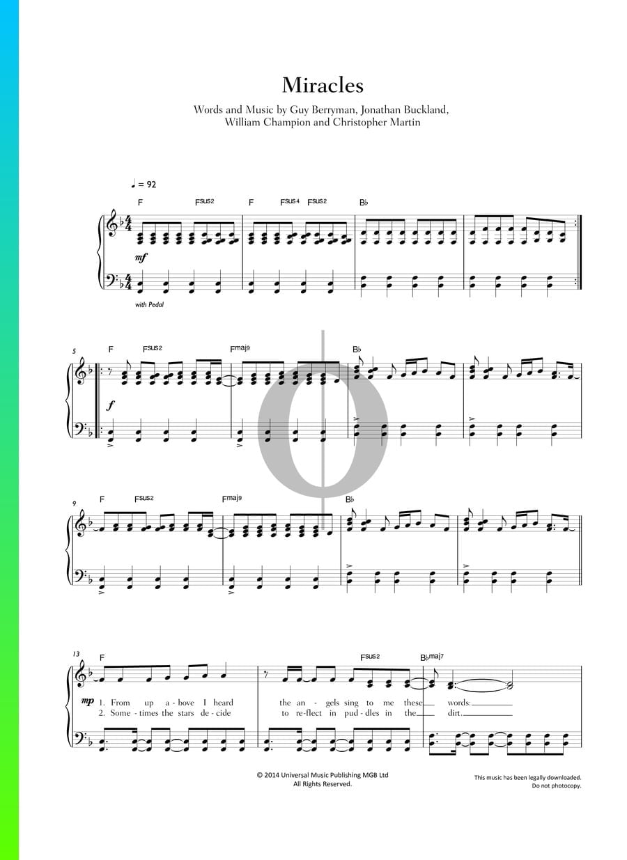 Miracles Piano Sheet Music from Unbroken by Coldplay - OKTAV