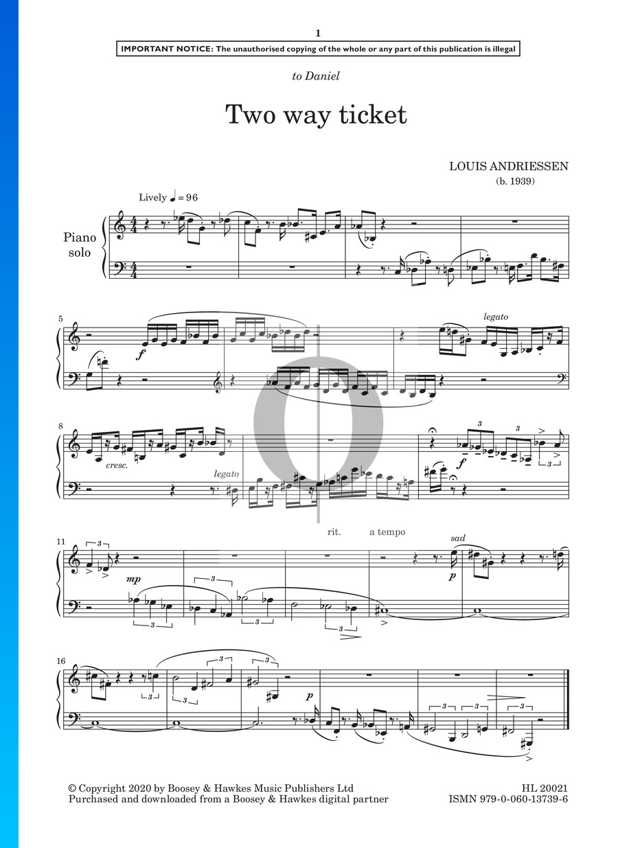 Two Way Ticket (Louis Andriessen) Piano Sheet Music - OKTAV