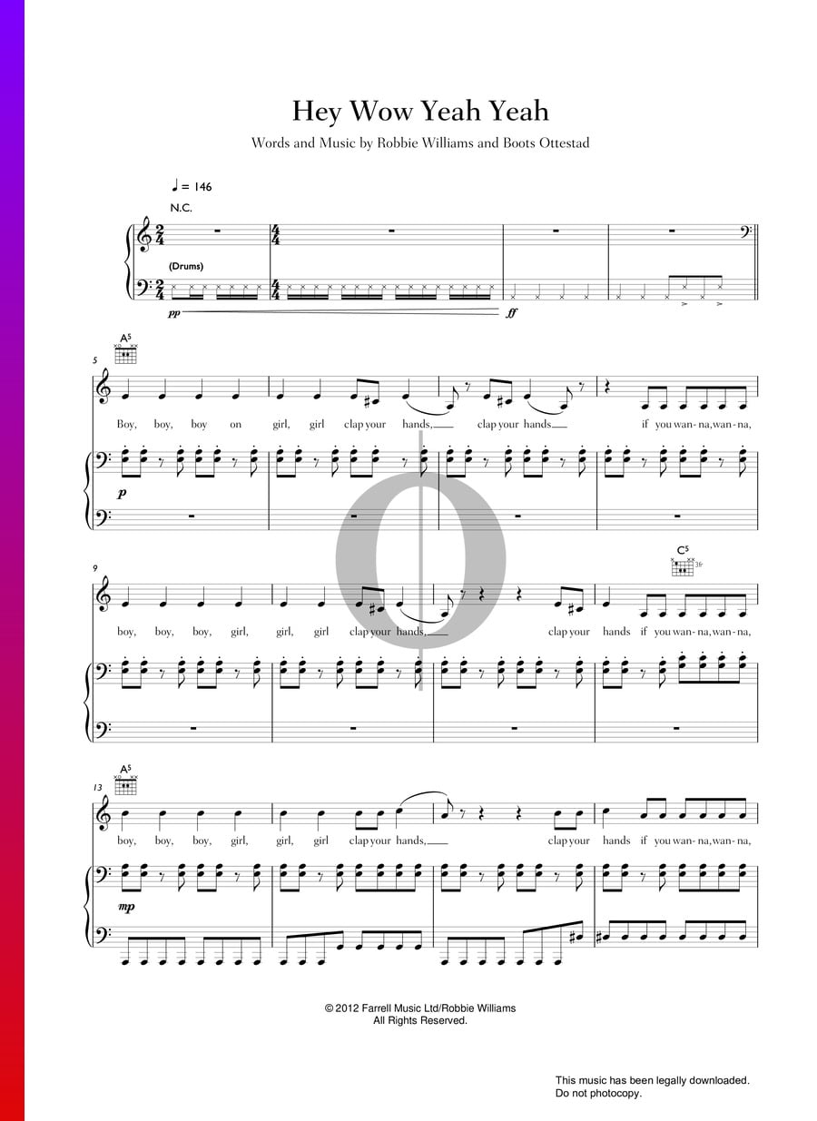 Hey Wow Yeah Yeah (Robbie Williams) Piano Sheet Music - OKTAV