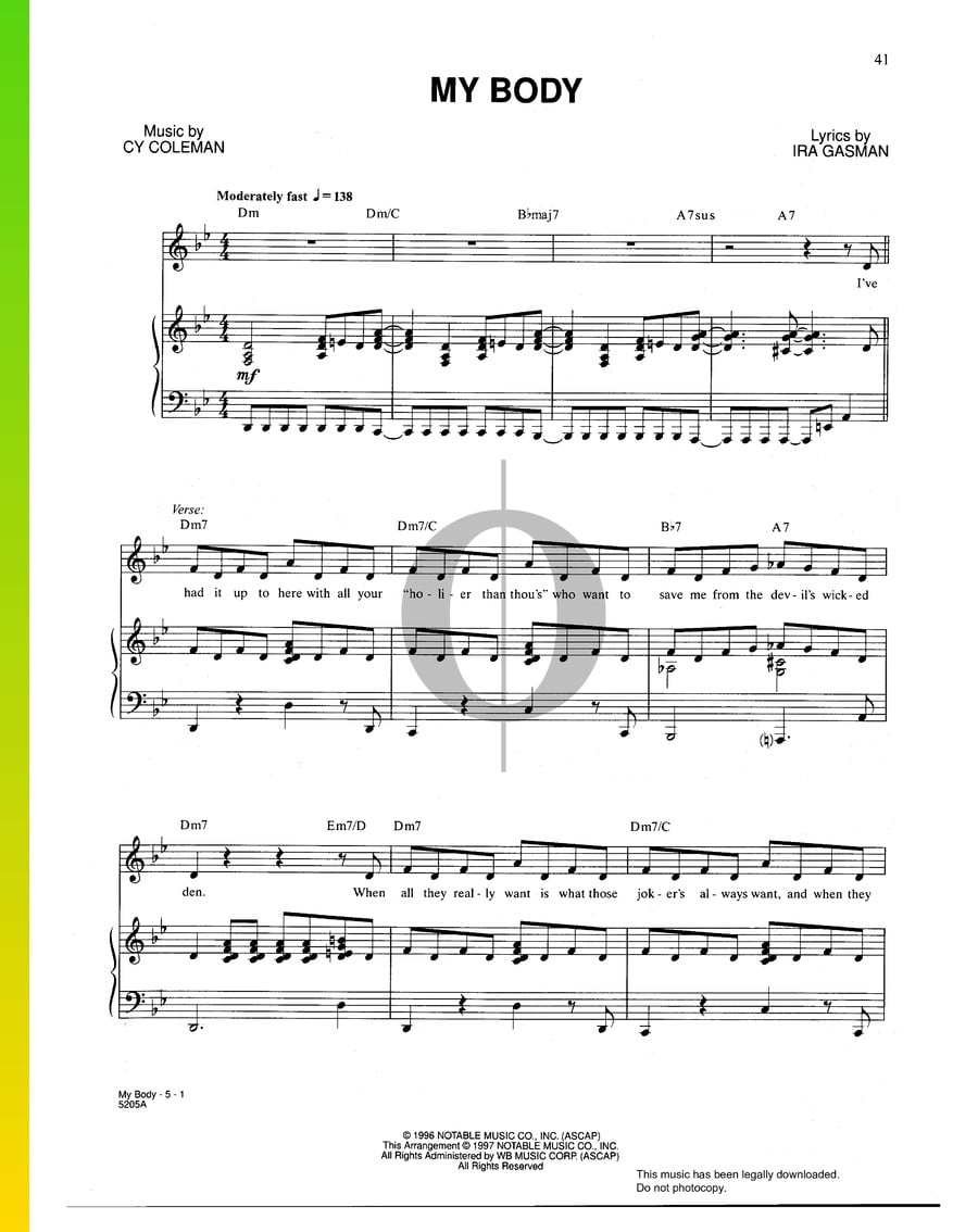 My Body (Cy Coleman) Piano Sheet Music - OKTAV