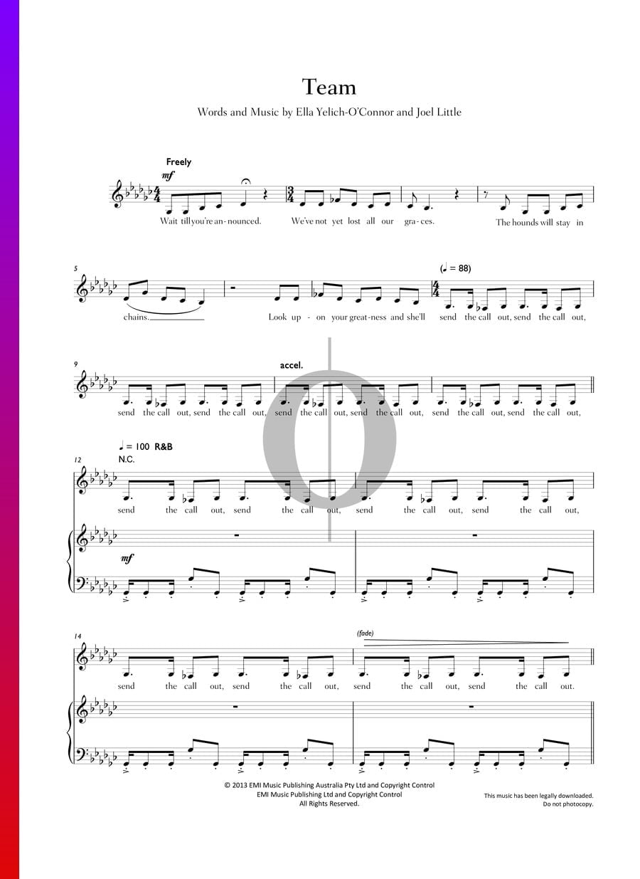 Team (Lorde) Piano Sheet Music - OKTAV
