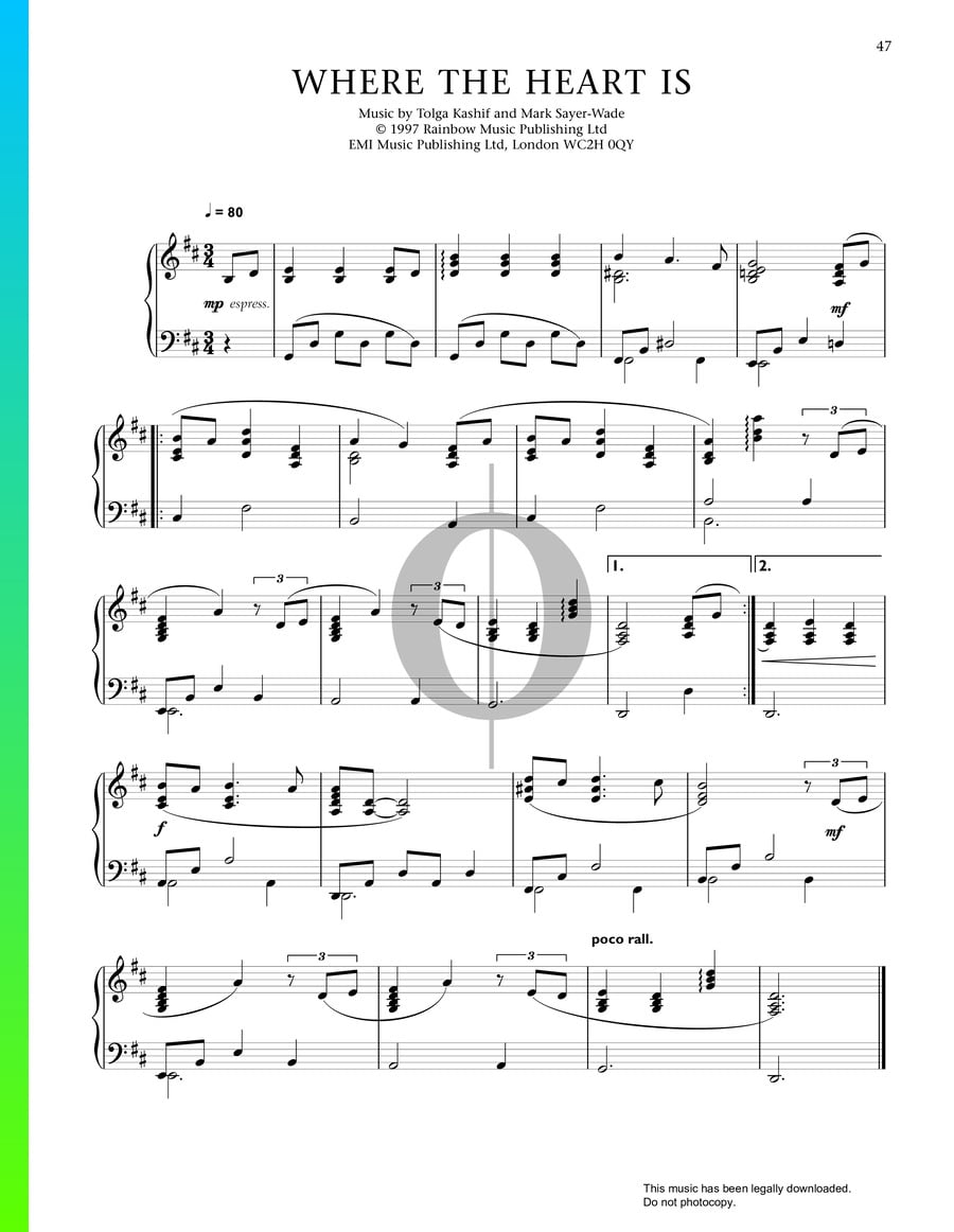 Where The Heart Is Piano Sheet Music from Where the Heart Is by Tolga ...