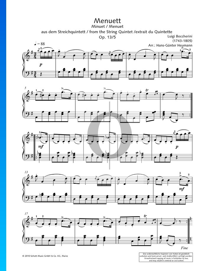 String Quintet in E Major, Op. 13 No. 5: 3. Minuet (Luigi Boccherini) Piano Sheet Music - OKTAV