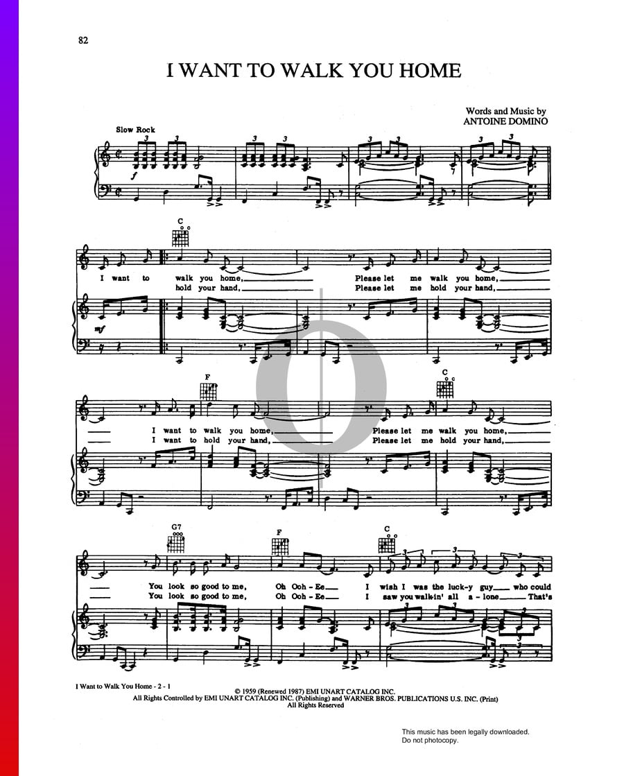 I Want To Walk You Home (Fats Domino) Piano Sheet Music - OKTAV
