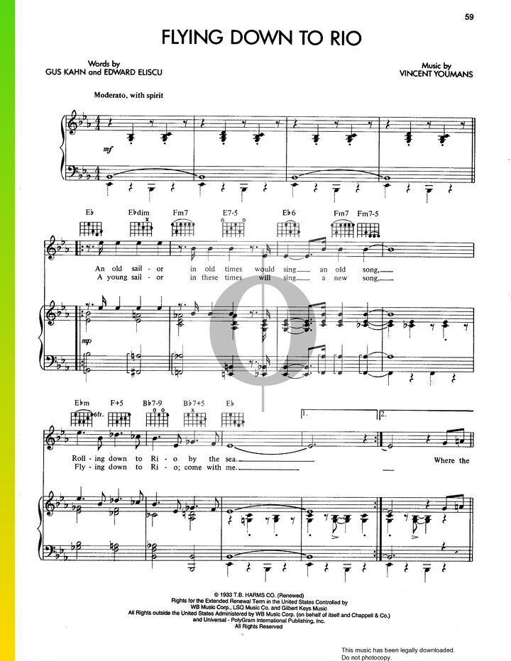 Flying Down To Rio (Vincent Youmans) Piano Sheet Music - OKTAV