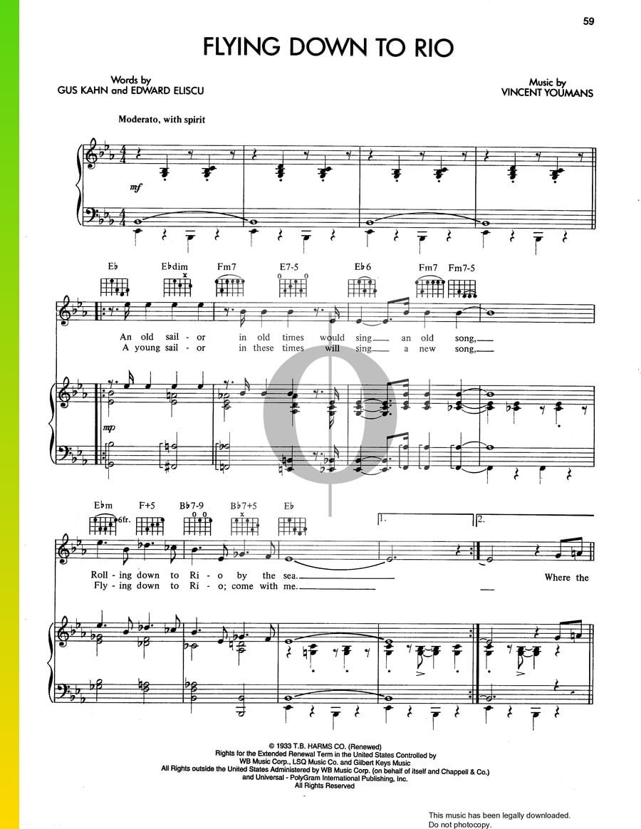 Flying Down To Rio (Vincent Youmans) Piano Sheet Music - OKTAV