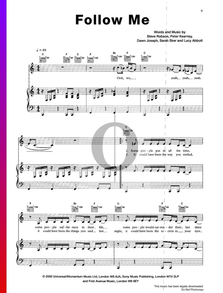 Follow Me (Atomic Kitten) Piano Sheet Music - OKTAV