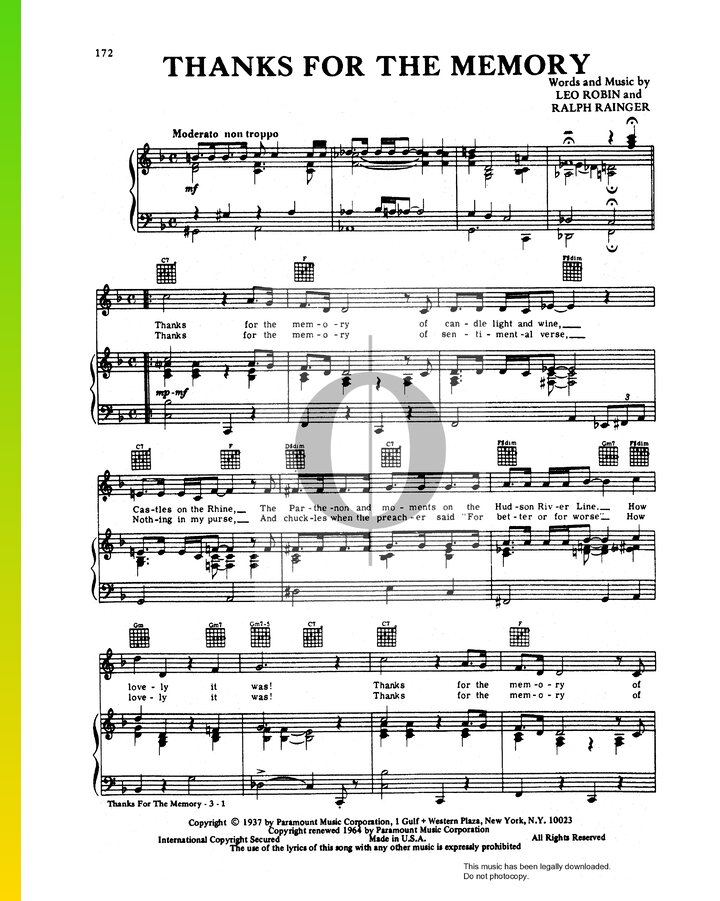 Thanks For The Memory (Bob Hope, Shirley Ross) Piano Sheet Music - OKTAV