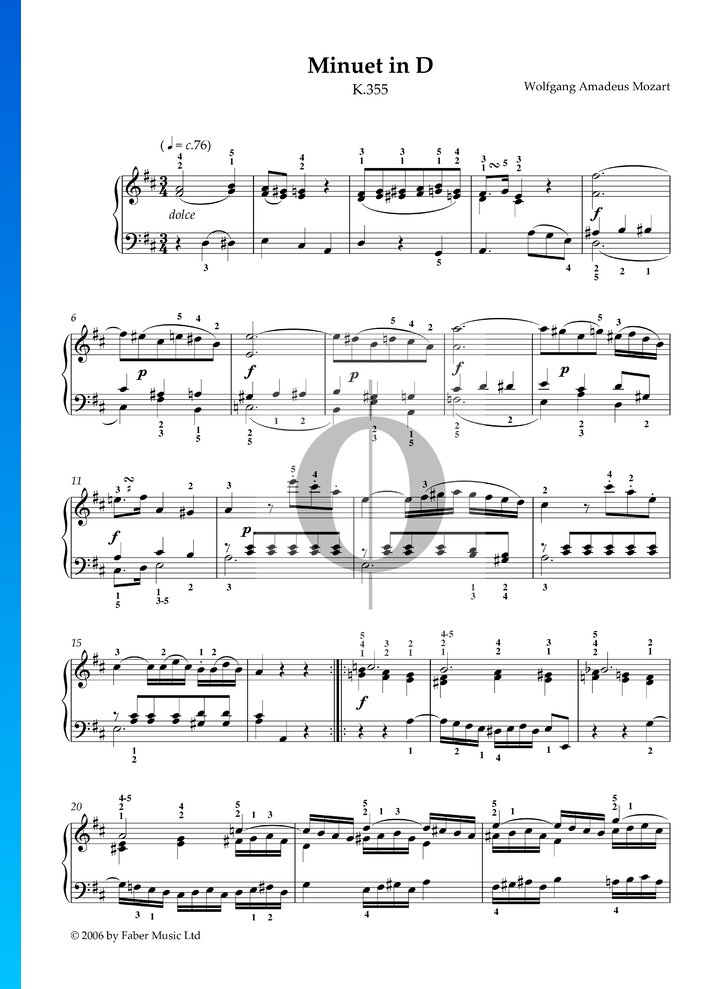 "Menuett D-Dur, KV 355 (594a; KV 6: 576b)" Noten (Piano Solo) von Wolfgang Amadeus Mozart ...