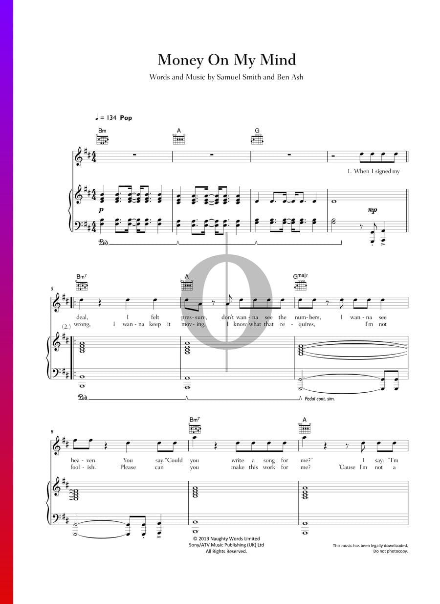 Money On My Mind (Sam Smith) Piano Sheet Music - OKTAV
