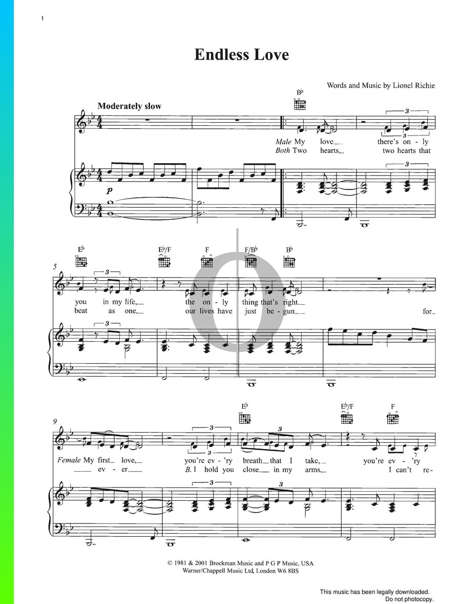 Endless Love Piano Sheet Music from Endless Love by Lionel Richie ...