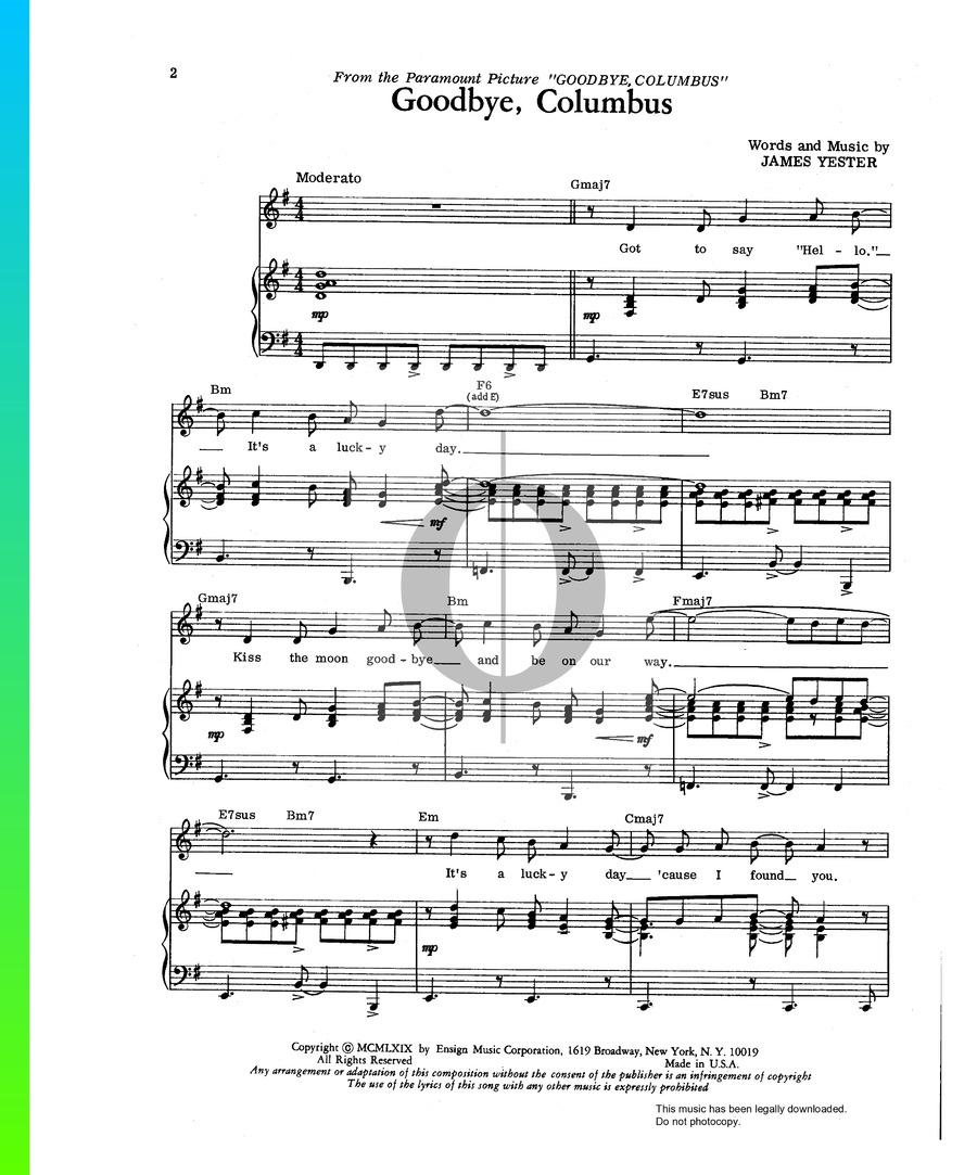 Goodbye Columbus Piano Sheet Music from Goodbye, Columbus by The ...